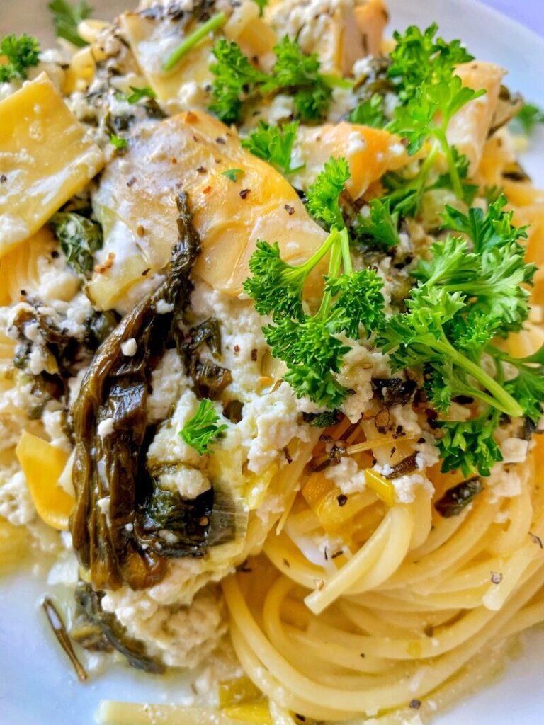 Creamy Artichoke Pasta with Spinach & Blue Cheese